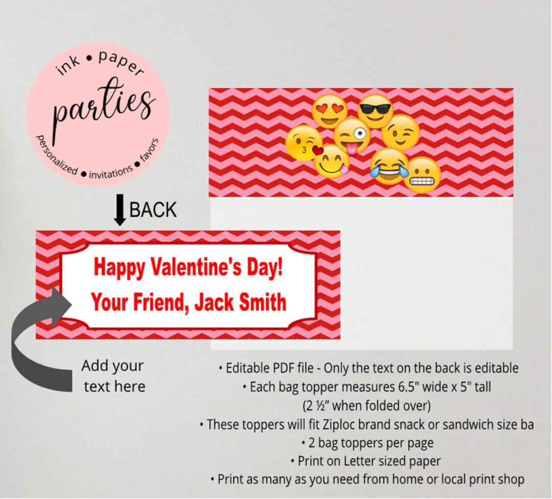 EDITABLE Emoji Valentine's Day Heart Kids Valentine Candy Goody Party ...