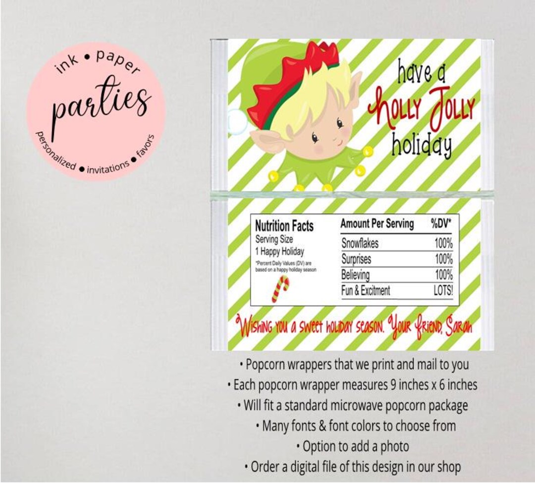 Elf Holiday Christmas Popcorn Party Wrappers Favors ~ We Print and Mail ...