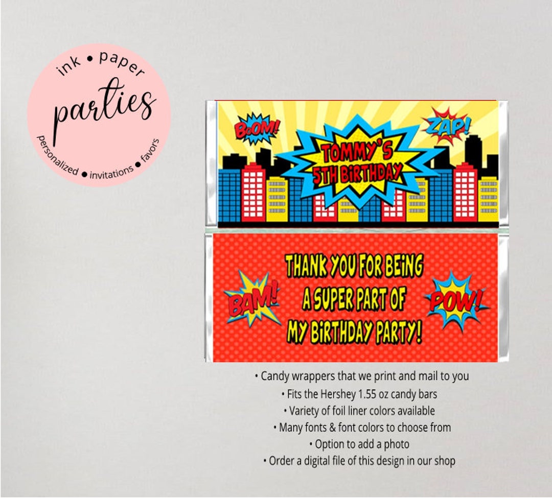 Super Hero Superhero Comic Book Birthday Party Candy Wrappers Favors ...