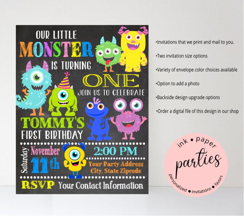 Monsters Monster Chalkboard Birthday Party Invitations Invites - Etsy