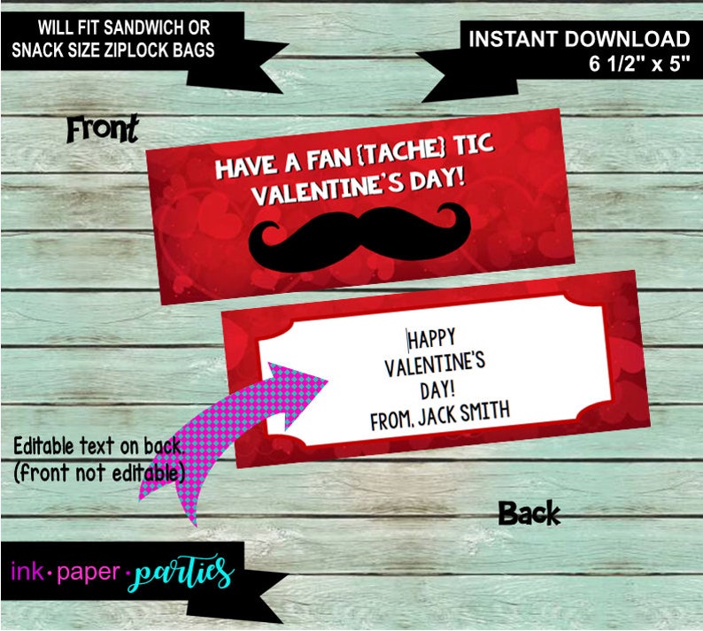 EDITABLE Mustache Valentine's Day Heart Kids Valentine | Etsy