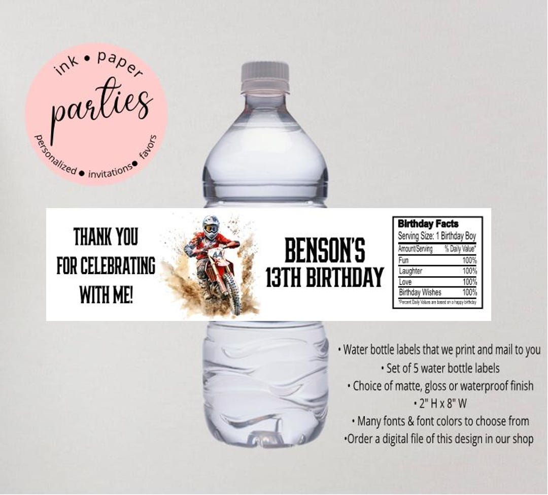 Dirt Bike Water Bottle Labels - Motorcross Birthday Party Favors ...