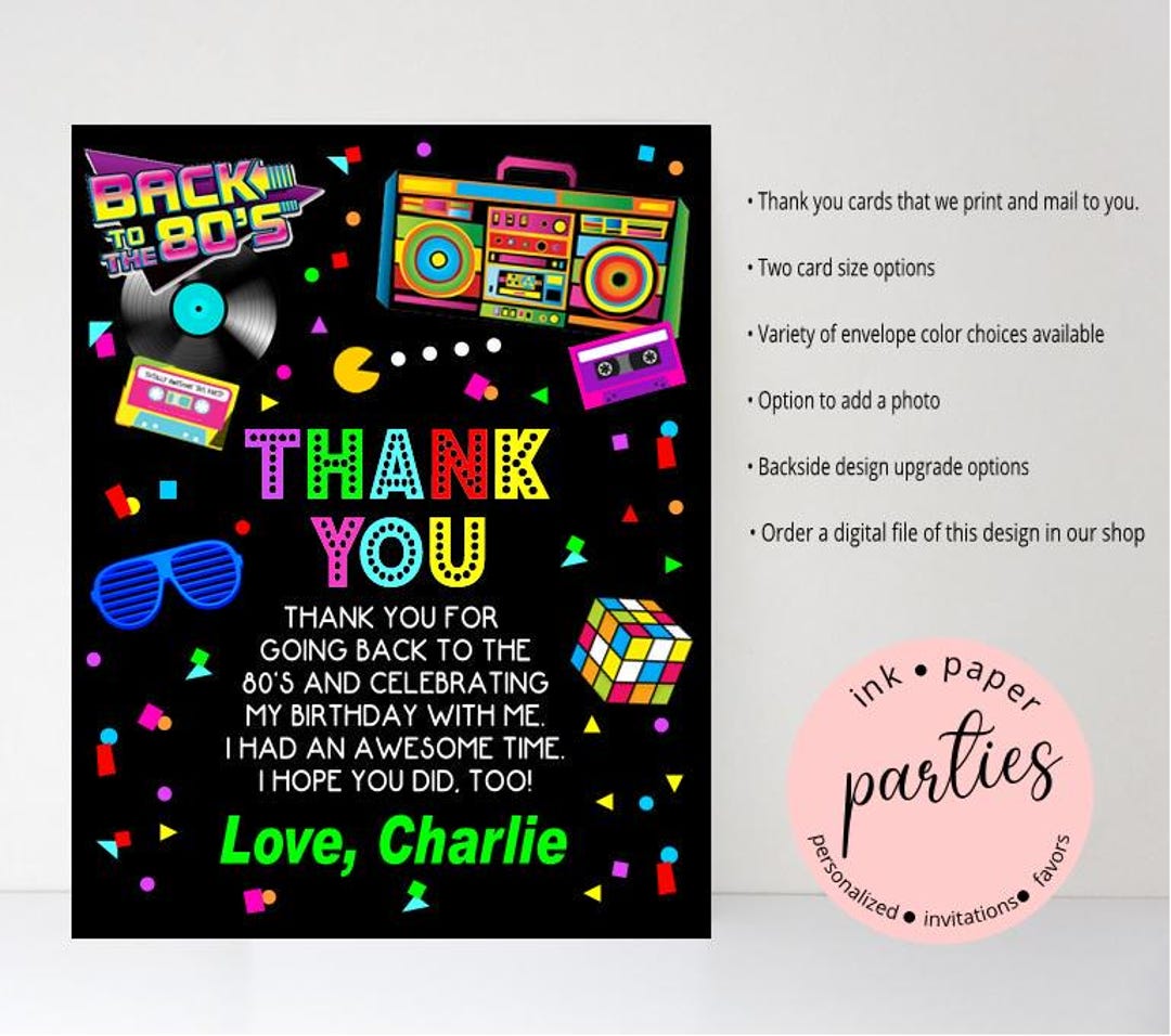 80s Birthday Thank You Card - 80s Party Note Cards, 80s Theme Thank You ...