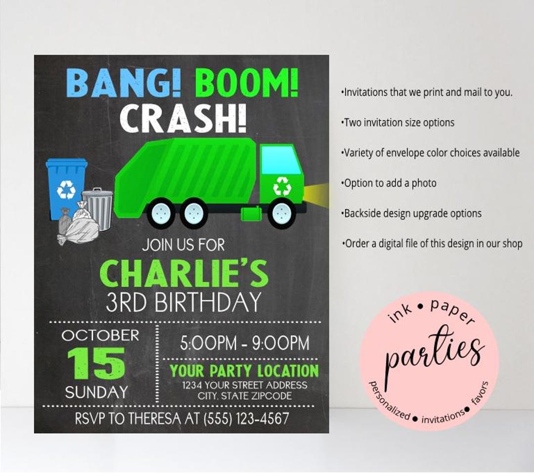 Garbage Truck Invitation - Recycle Trash Truck Invitations ...