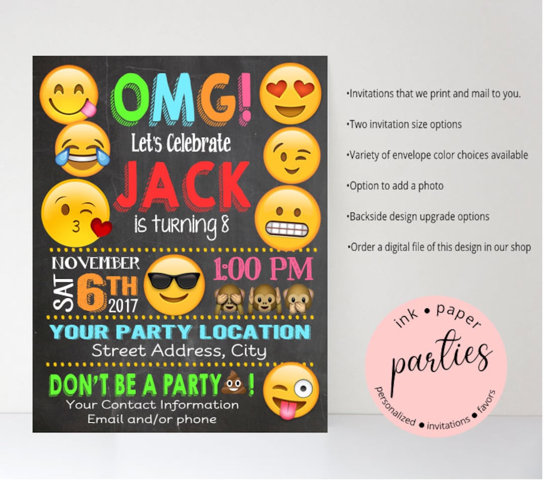 Emojicons Emoji Emojis Birthday Party Chalkboard Invitations Invites ...