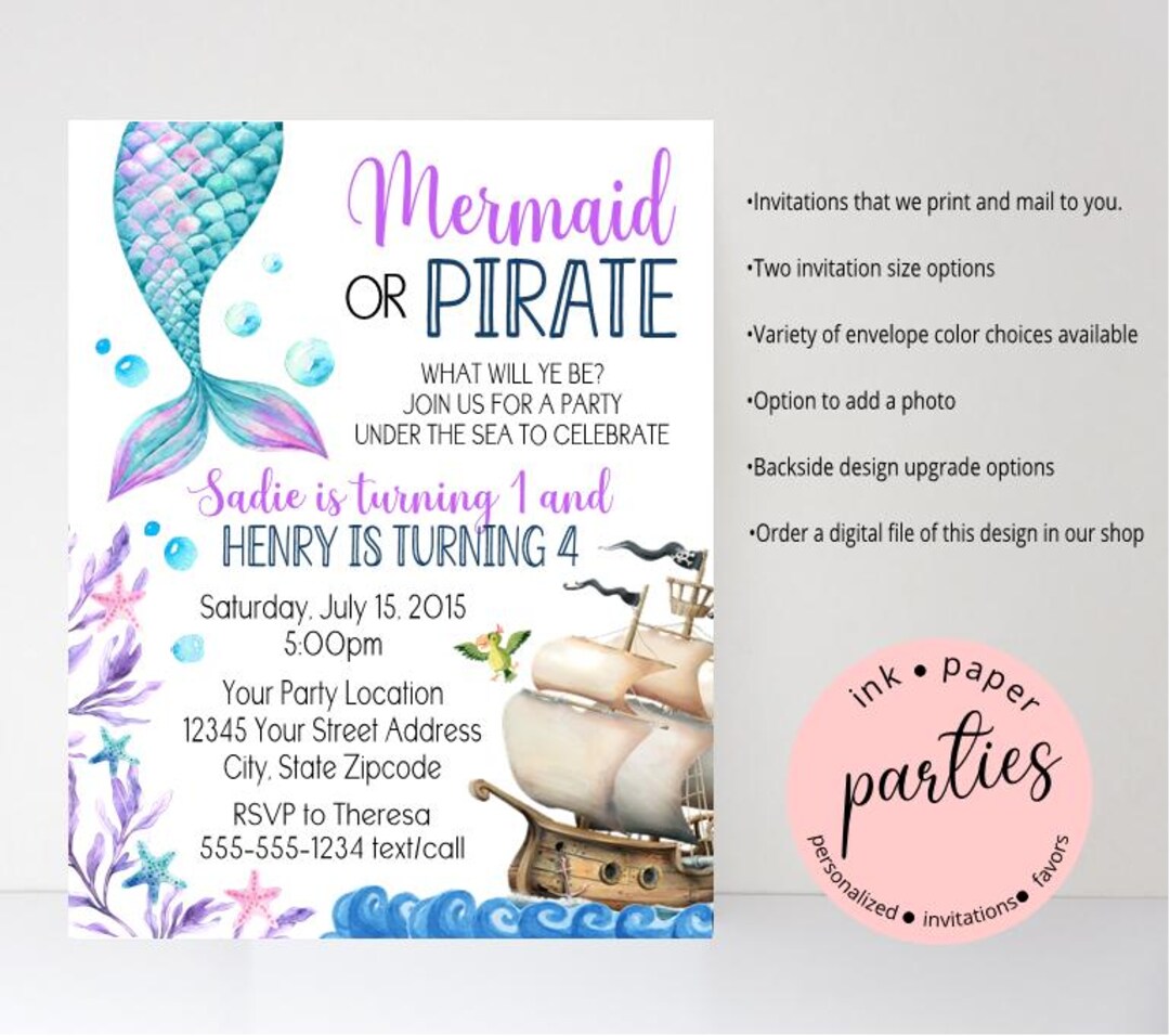 Mermaid & Pirate Invitation - Mermaid Tail, Pirate Birthday Party ...