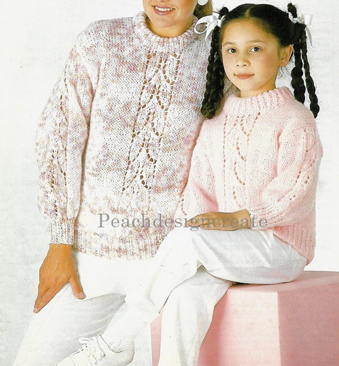 Knitting Pattern, Ladies, Girl's Lace Panel Sweater, Jumper, Chunky ...