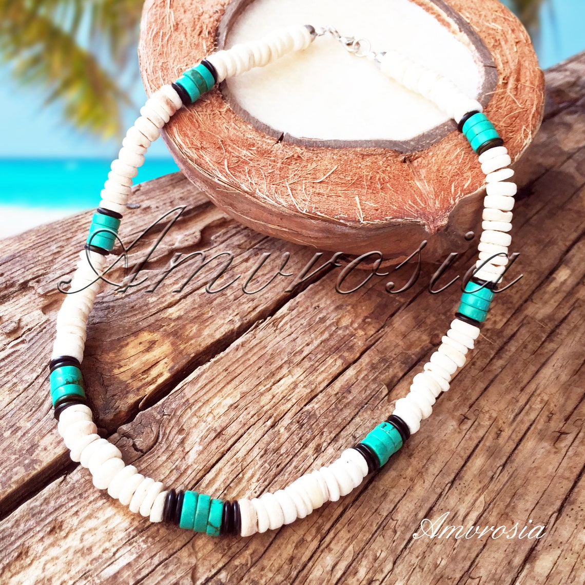 Mens Beaded Necklace - Surfer Style Necklace - Turquoise and Coconut ...