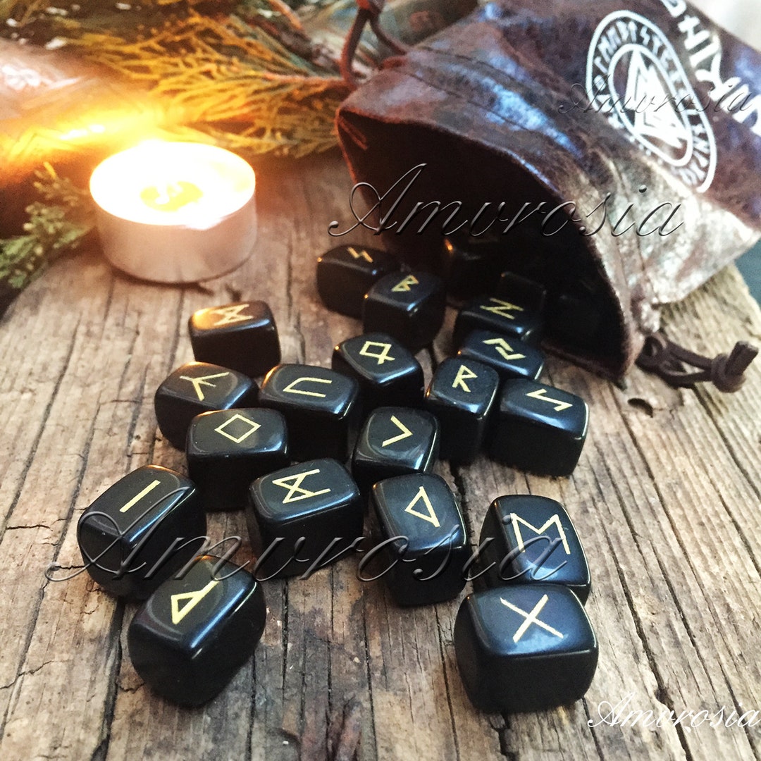 Rune Stones - Set of 24 Futhark Runes Carved by Hand in Black Obsidian ...