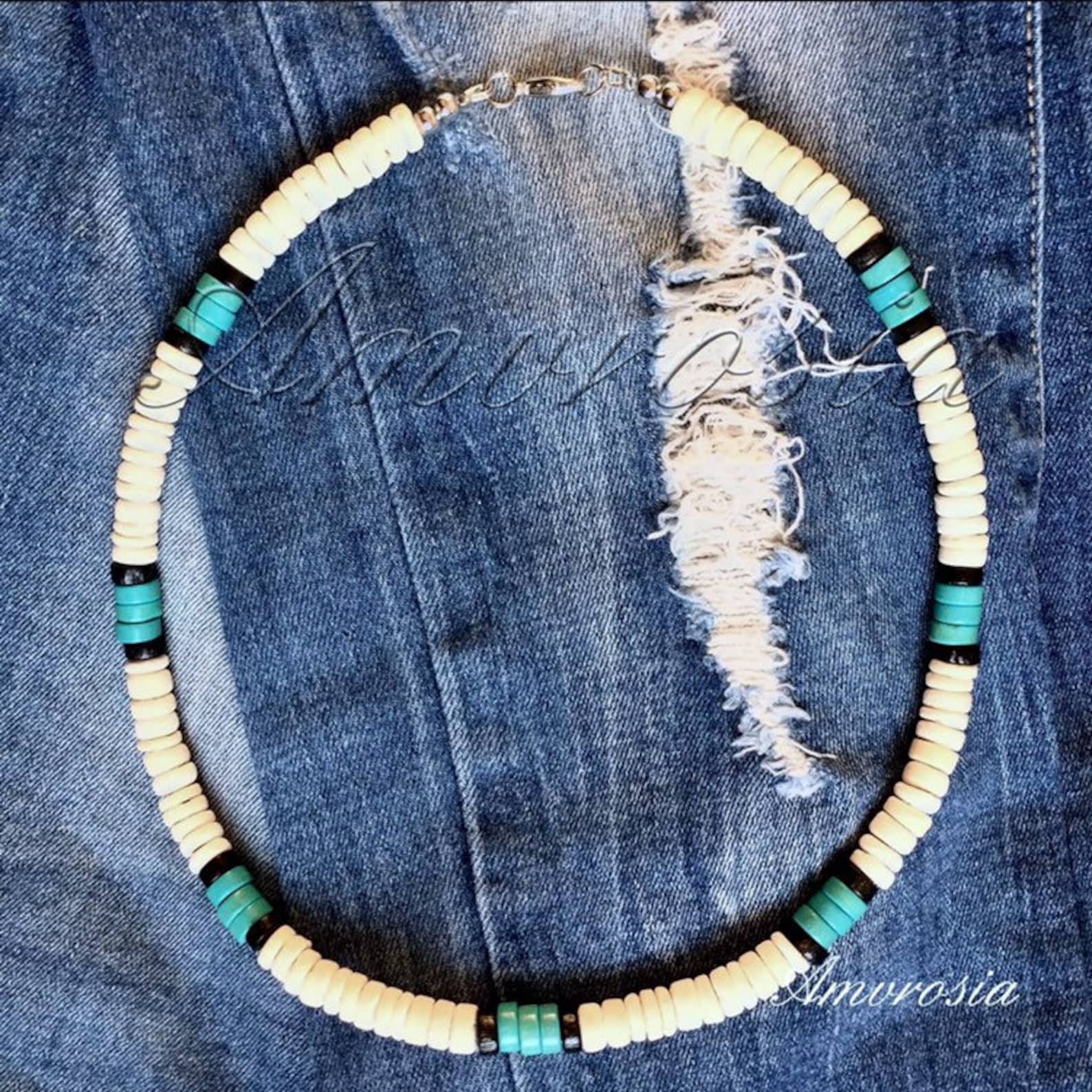 Mens Beaded Necklace - Surfer Style Necklace - Turquoise and Coconut ...