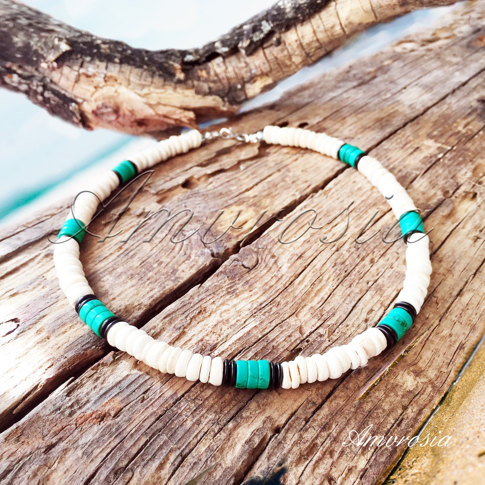 Mens Beaded Necklace - Surfer Style Necklace - Turquoise and Coconut ...