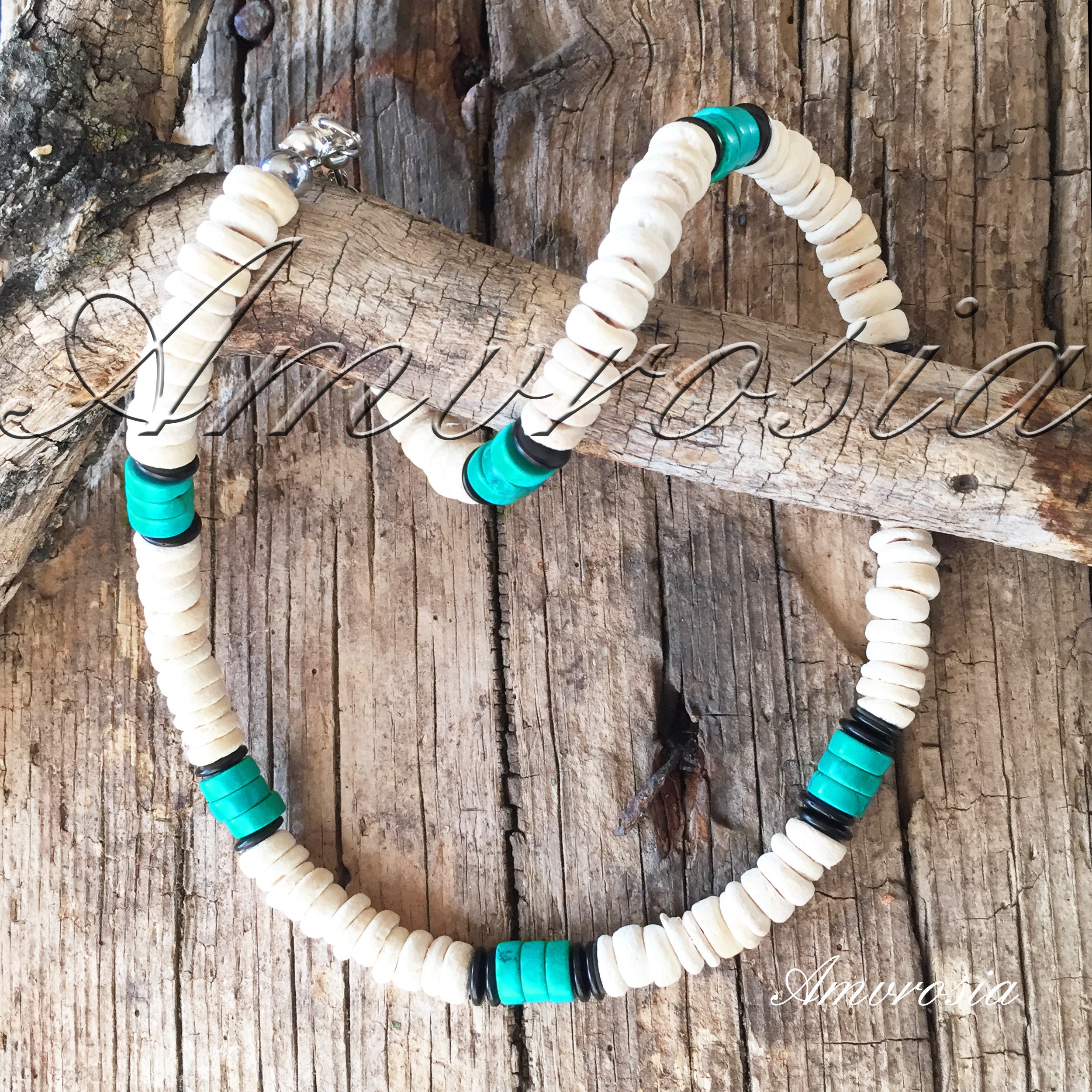 Mens Beaded Necklace - Surfer Style Necklace - Turquoise and Coconut ...