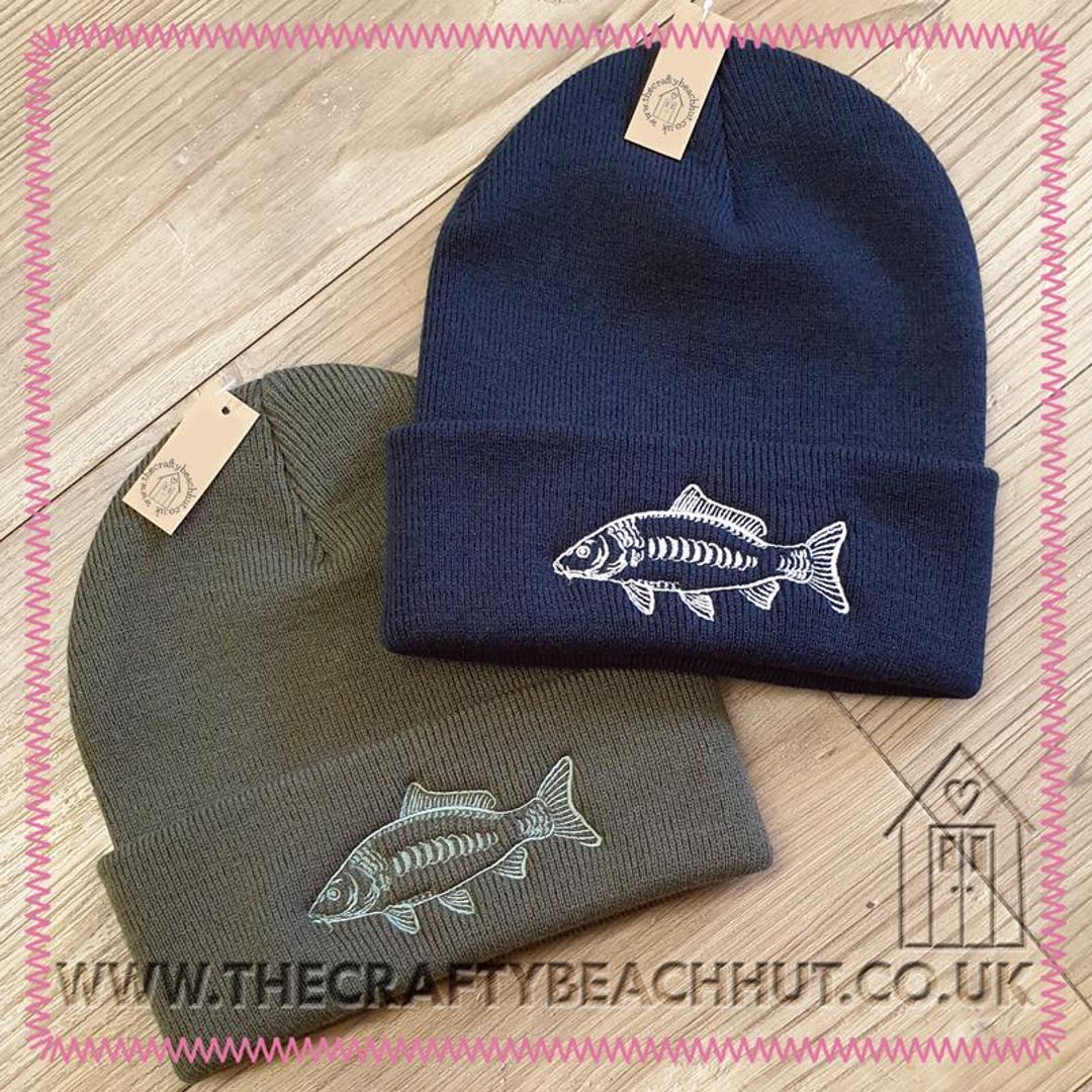 Mirror Carp Beanie Hat With Embroidered Design - Navy Blue or Olive ...