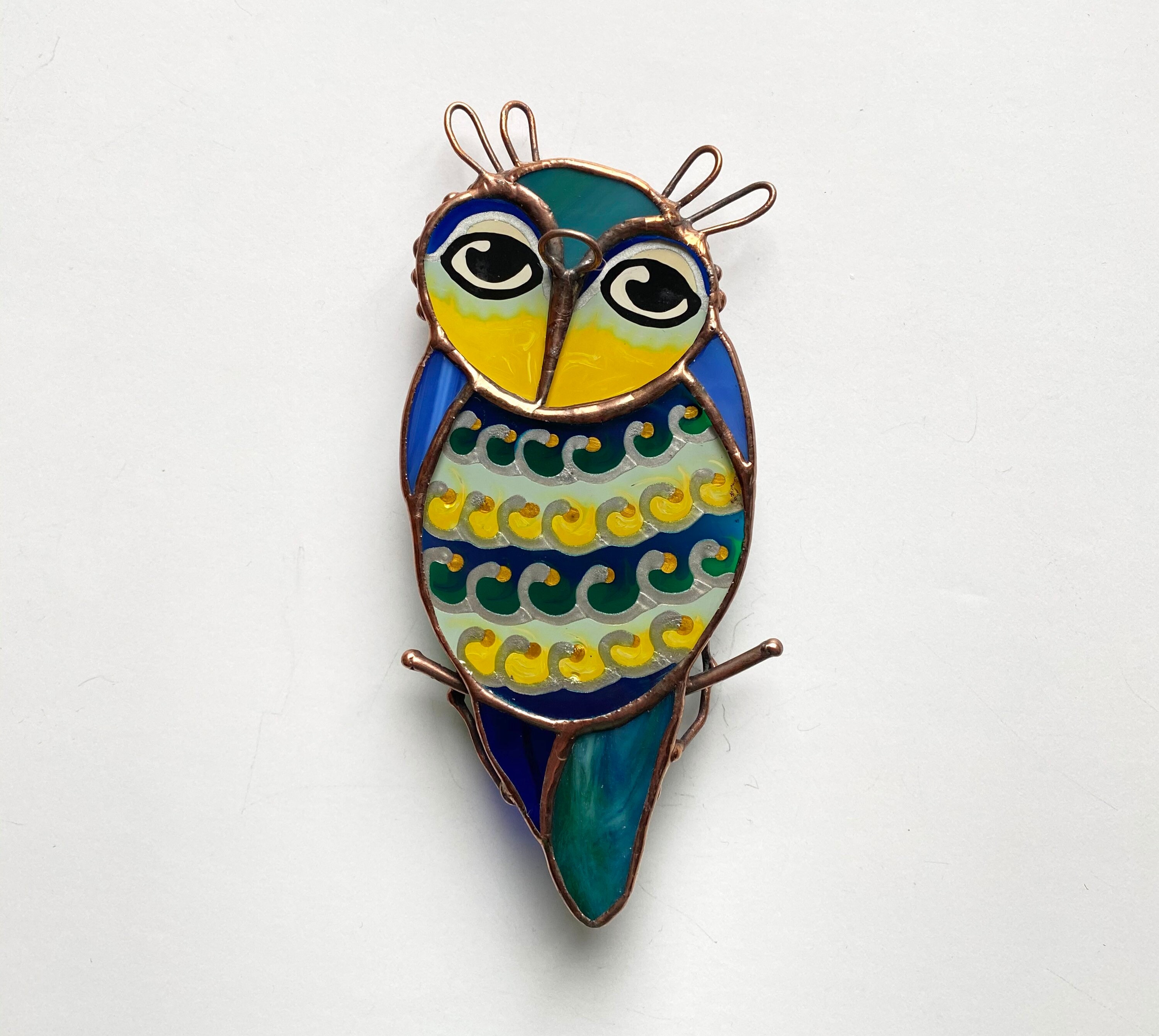 Owl forest bird stained glass suncatcher hanging window | Etsy