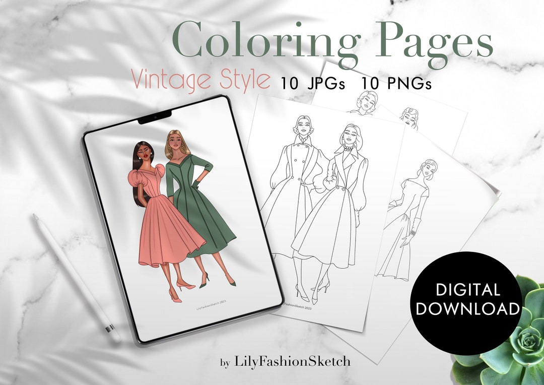 10 PRINTABLE COLORING PAGES Vintage Style Part 2fashion Coloring ...