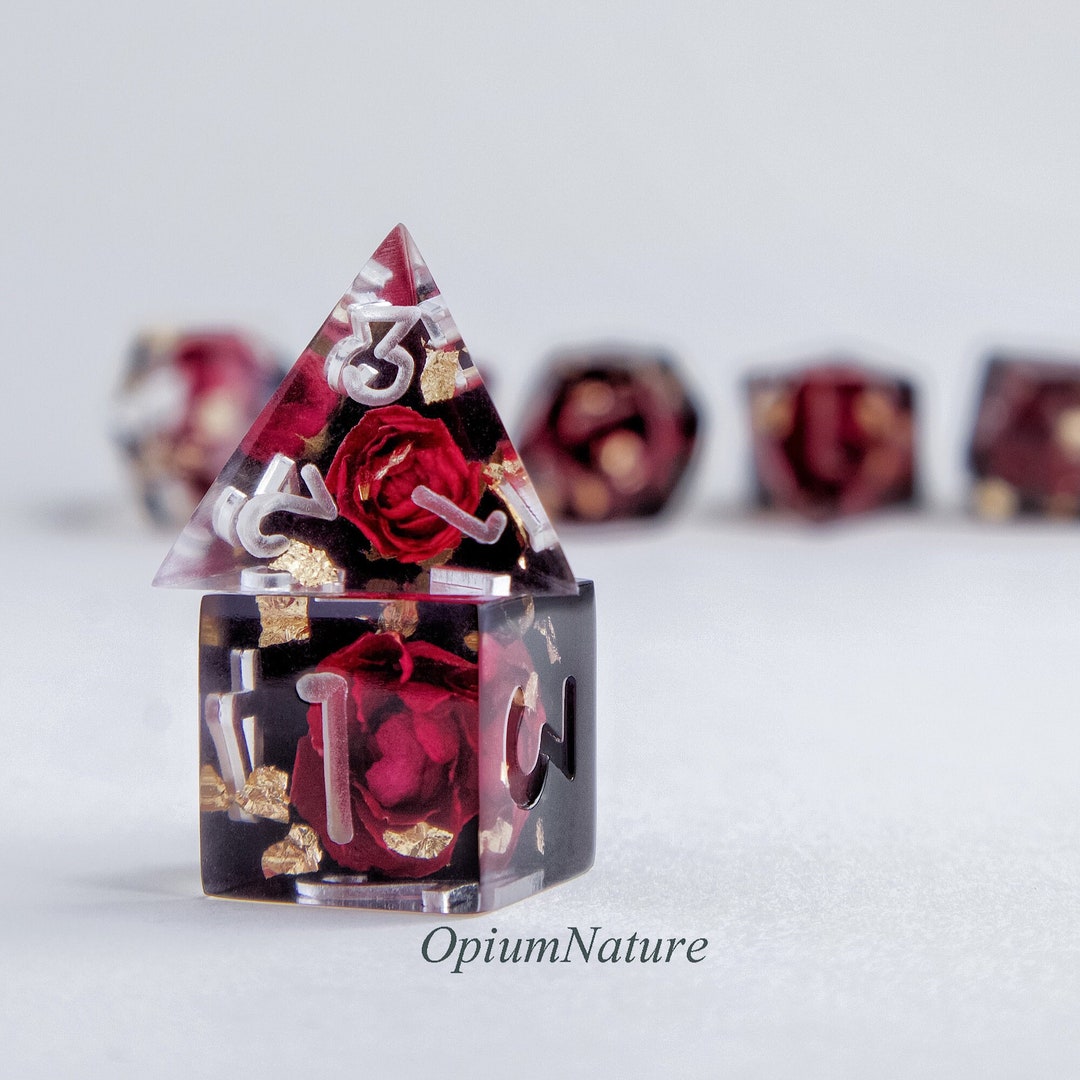 Real Red Rose and Gold Leaf Dice Set Critical Role Resin Polyhedral ...