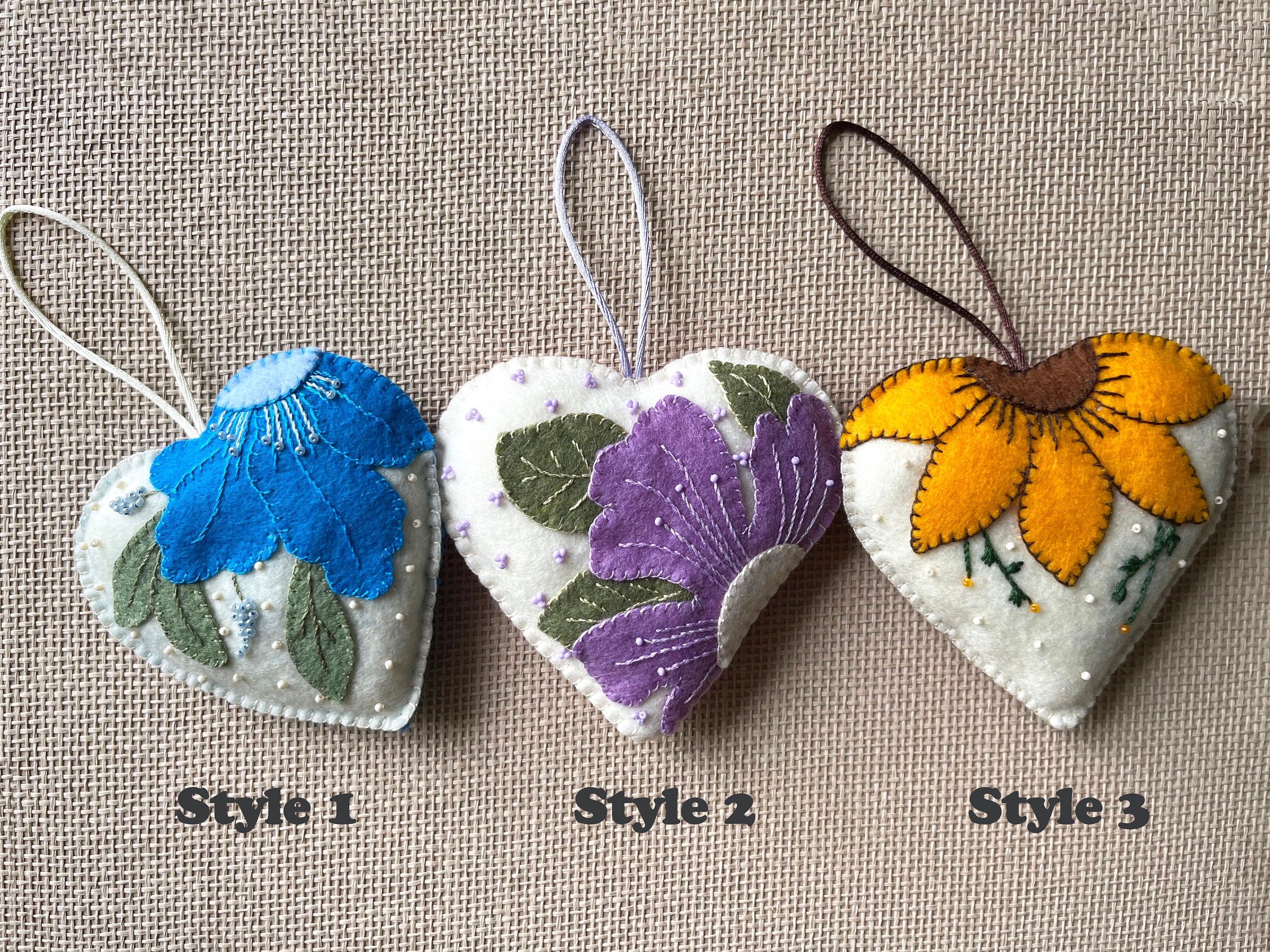 Flower Ornament, Felt Heart Gift, Unique Momento, Handmade Gift, Hand ...