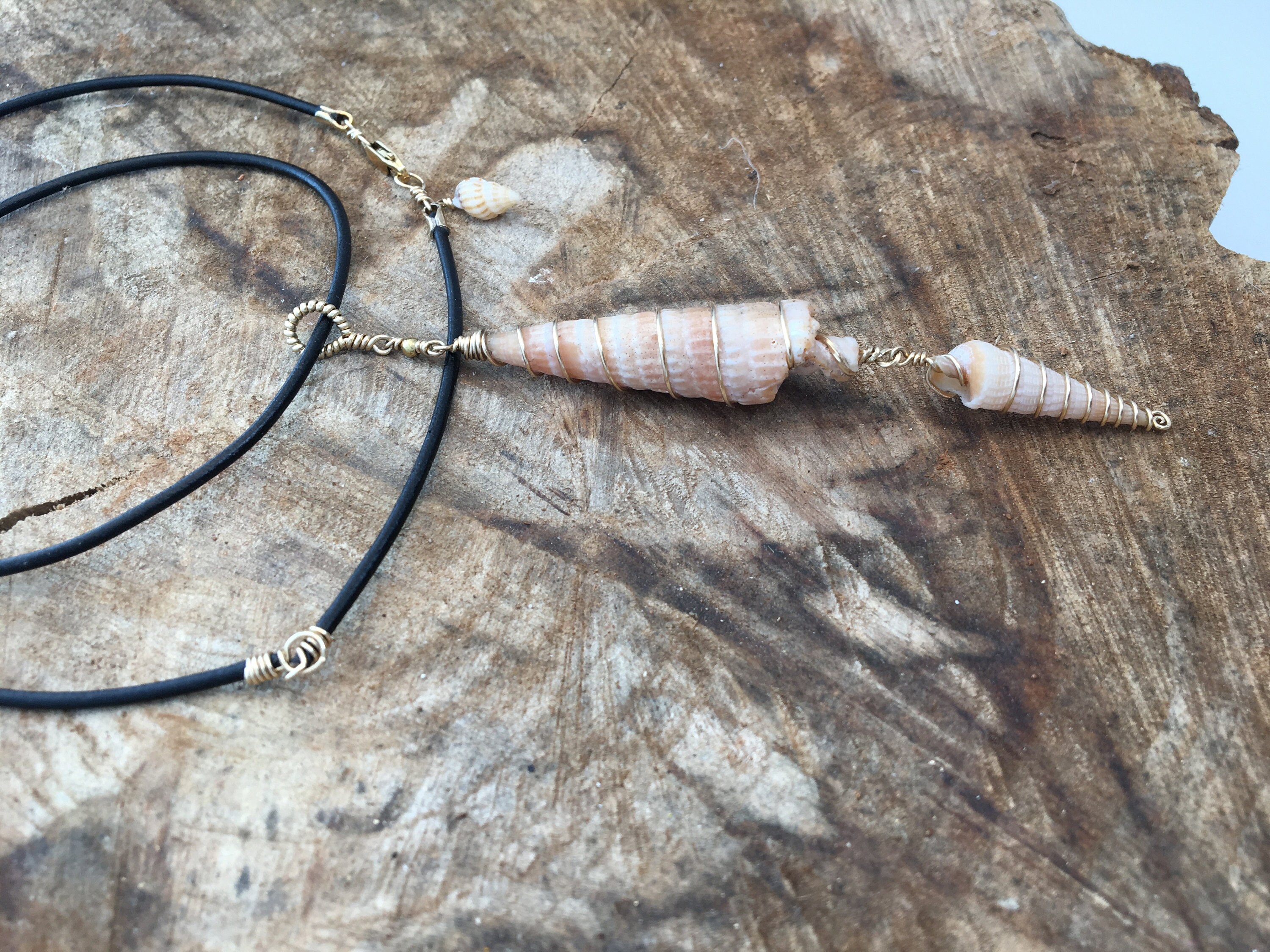Auger Shell Necklace, Tree Shape, Yellow Gold Filled, Wire Wrapped ...