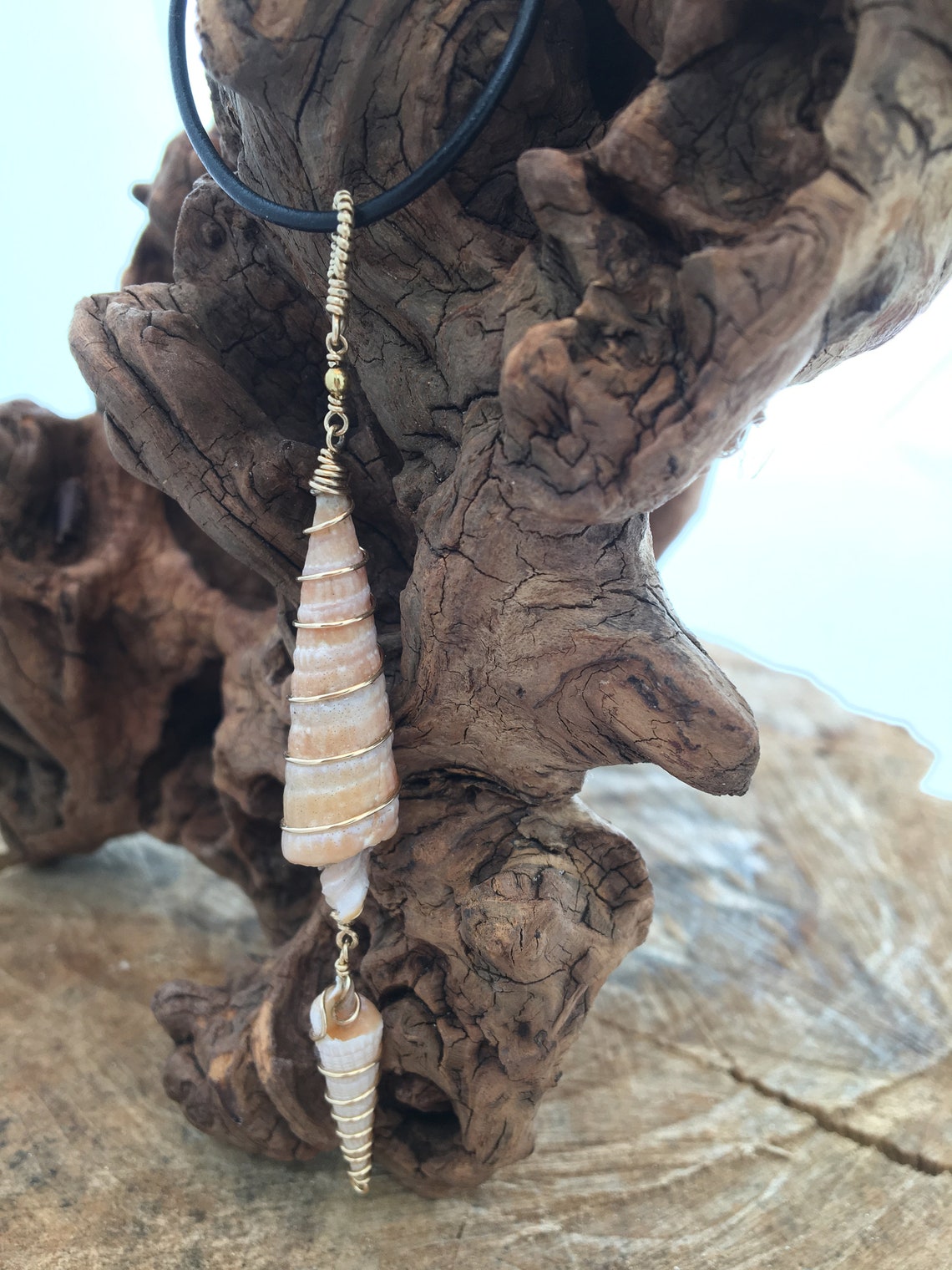 Auger Shell Necklace, Tree Shape, Yellow Gold Filled, Wire Wrapped ...
