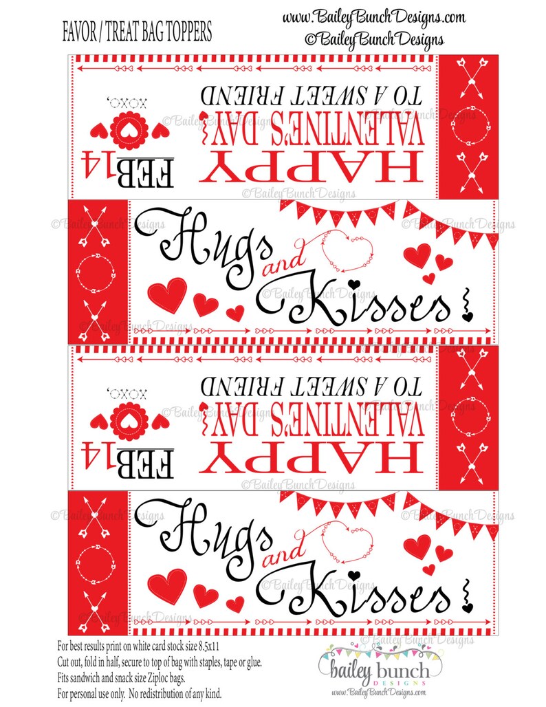 Hugs & Kisses Valentine Treat Bag Toppers Valentine Favors - Etsy