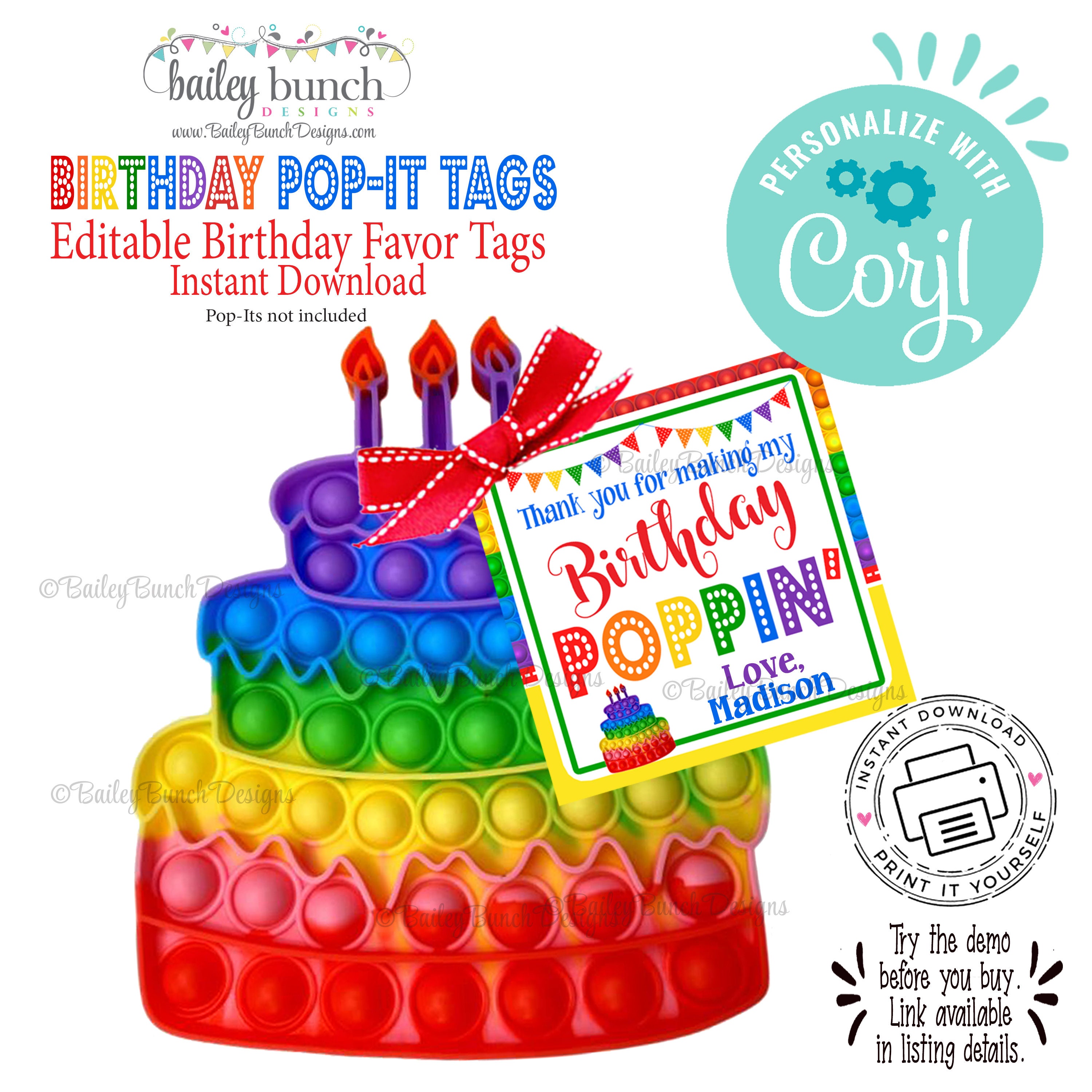 Editable Birthday Rainbow Pop It Fidget Gift Tags Pop It Gift | Etsy