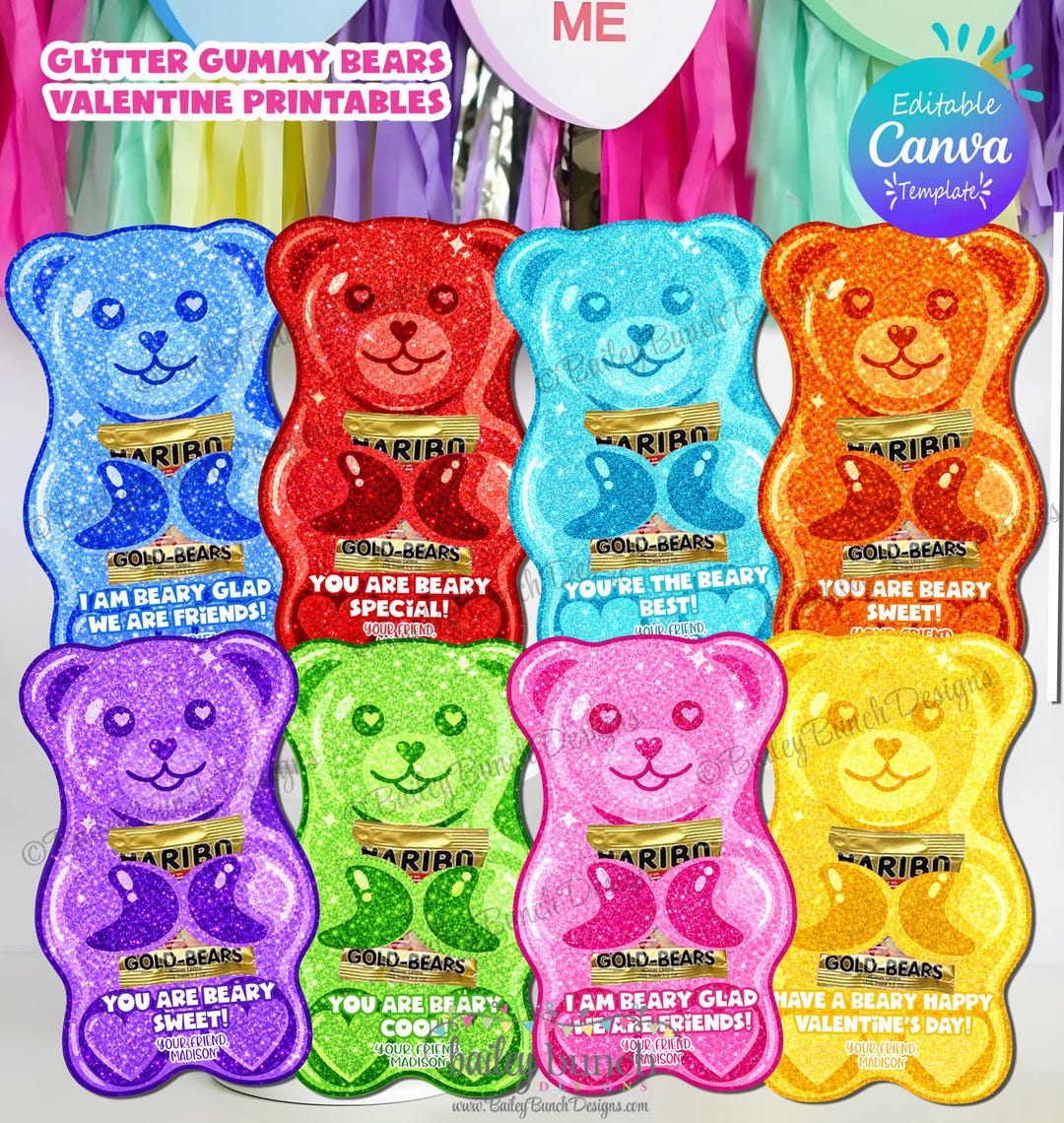 Glitter Gummy Bears Valentine's Day Cards Valentine's School Party Kids ...