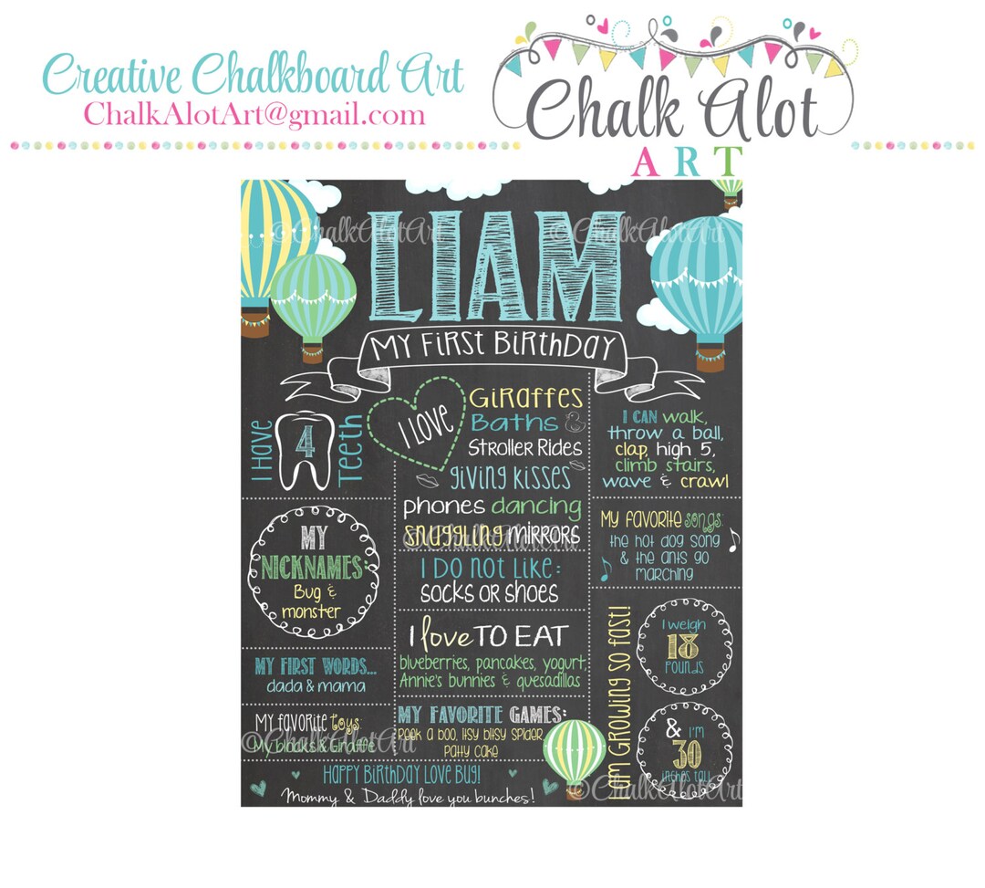 Hot Air Balloon Birthday Chalkboard, Hot Air Balloon Birthday, Birthday ...