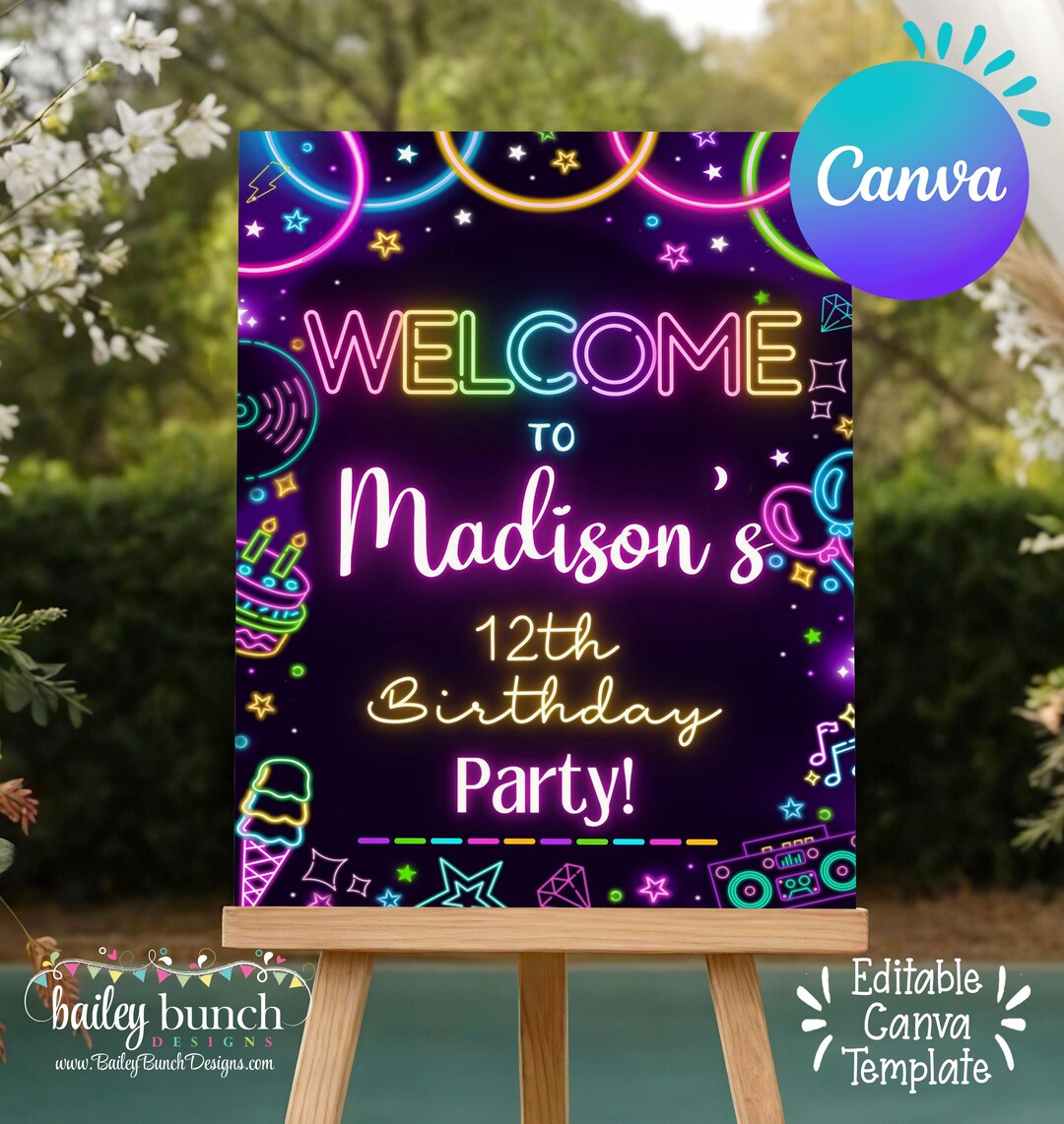 Editable Glow Party Welcome Sign: Neon Birthday Decor (canva Template ...