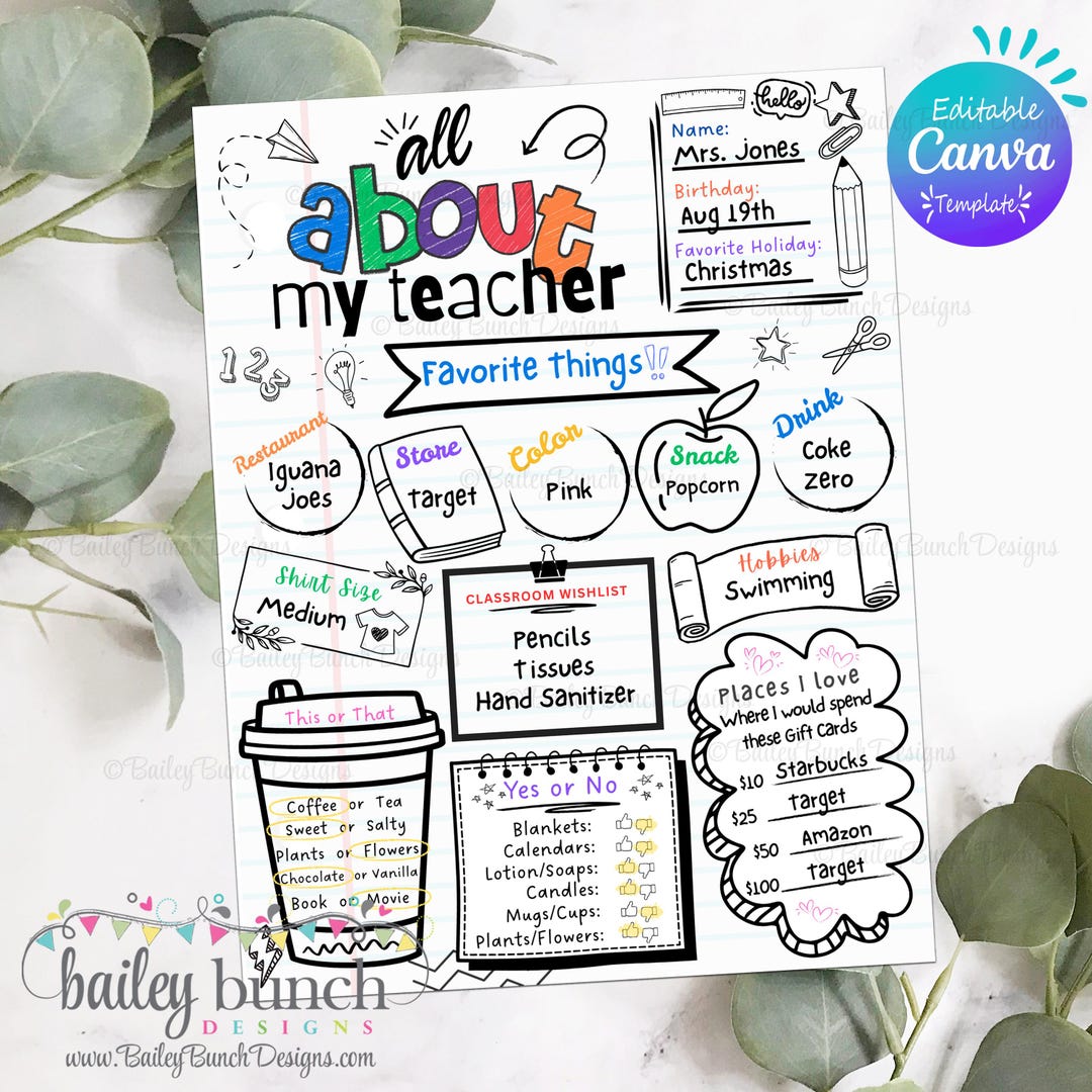 Teacher Favorite Things Worksheet, All About My Teacher Sheet, PTO PTA ...