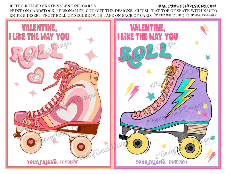 Retro Roller Skate Valentine Printable Cards, Kid's Classroom ...