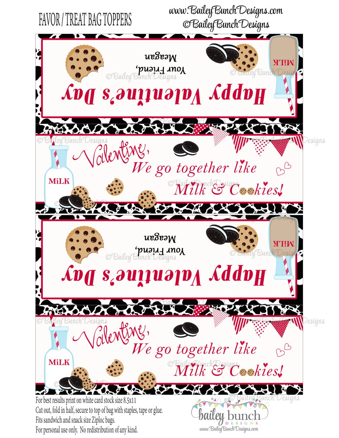 We Go Together Like Milk and Cookies Treat Bag Toppers, Valentine ...