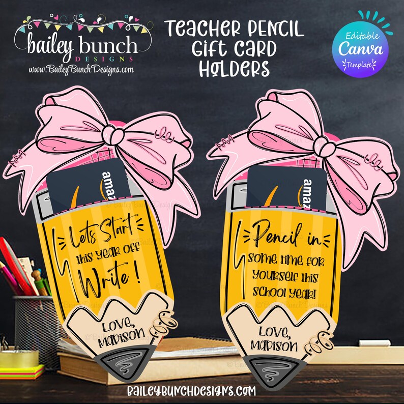 Back to School Teacher Card Holder Printable, Pencil With Bow Teacher ...
