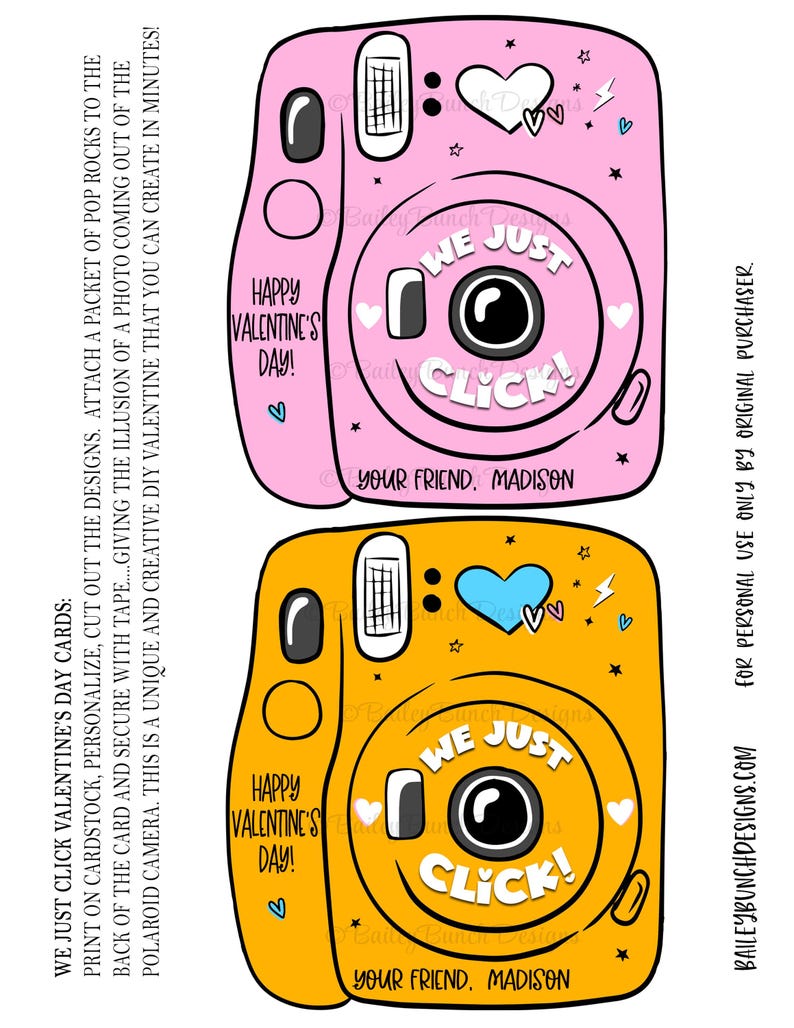 Camera Valentine Template Printable Download Instant Camera Card Design ...