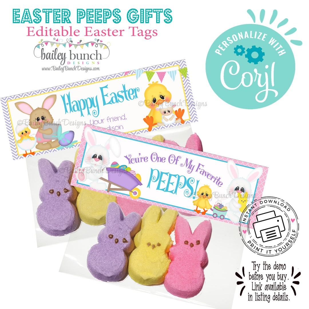 Editable Easter Pastel Rainbow Easter Peeps Gift Tags, Easter, Bunny ...
