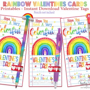 Rainbow Valentines Gift Tags Colorful Valentine's Tags Teacher Pencil ...