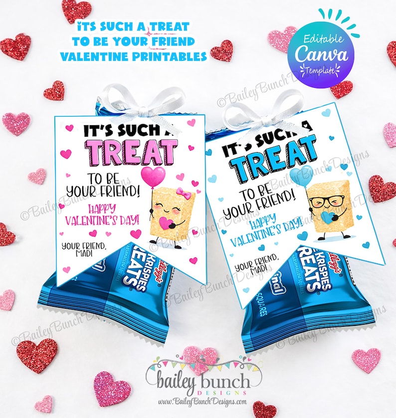 Crispy Rice Treats Valentine Tags Printable Kids Classroom Valentines ...