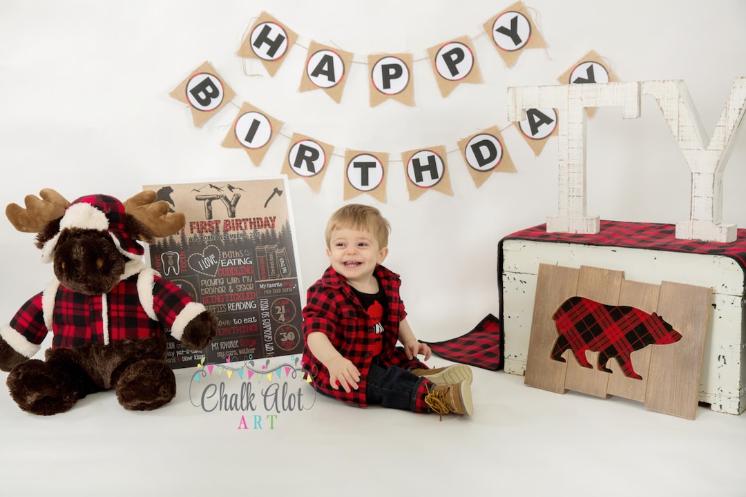 Lumberjack First Birthday Chalkboard Poster: Plaid Forest Theme ...