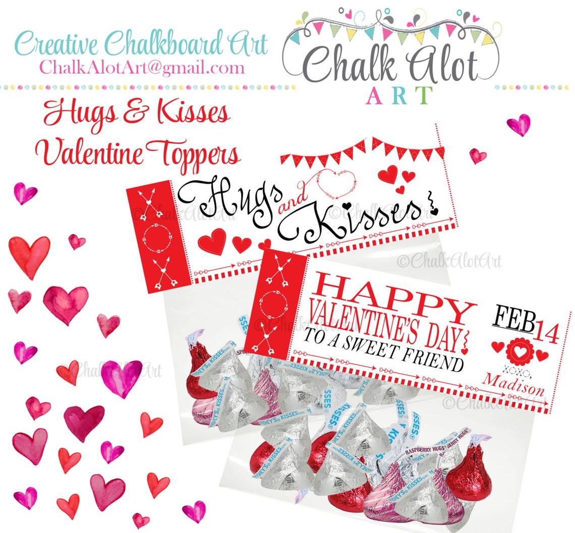 Hugs & Kisses Valentine Treat Bag Toppers, Valentine Favors, Valentine ...