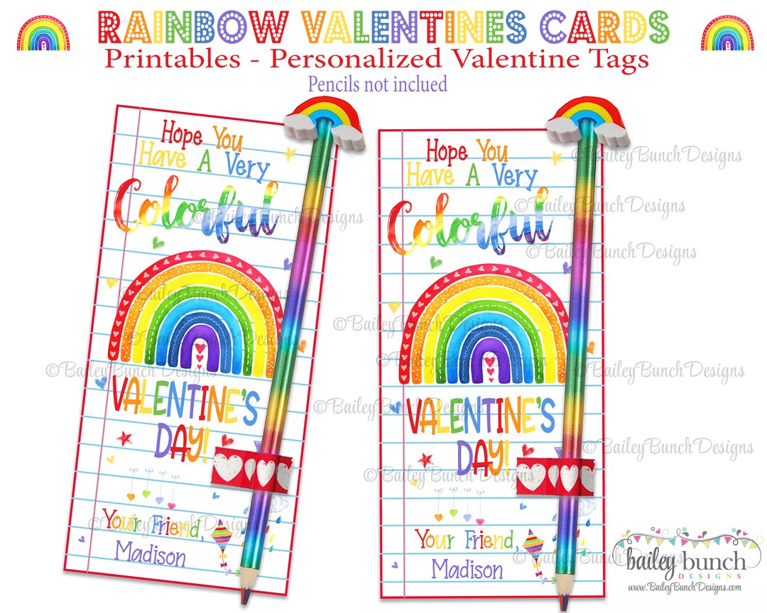 Rainbow Valentines Gift Tags Colorful Valentine's Tags Teacher Pencil ...