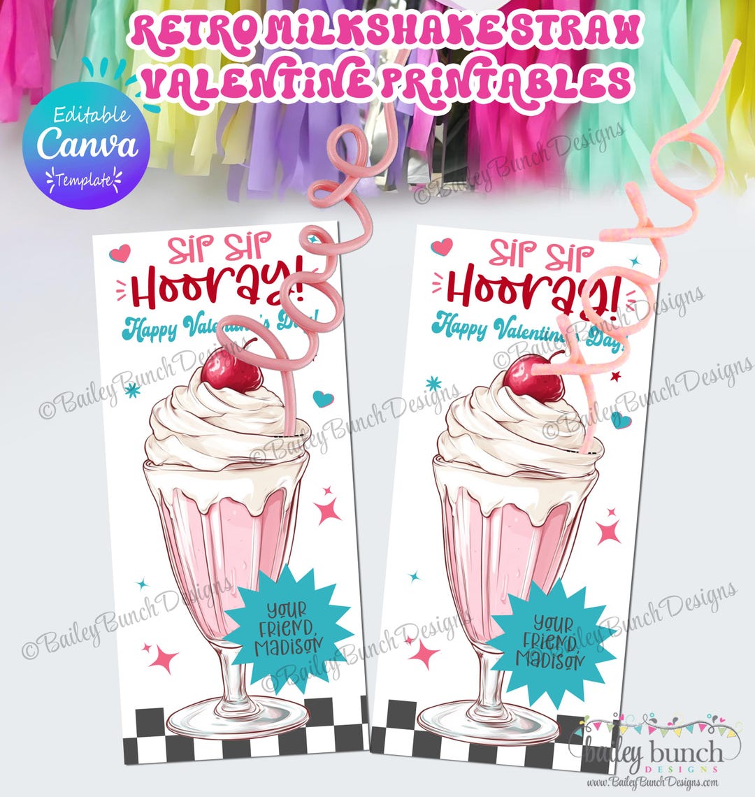 Sip Sip Hooray Happy Valentines Day Card Printable, Silly Straw Gift ...