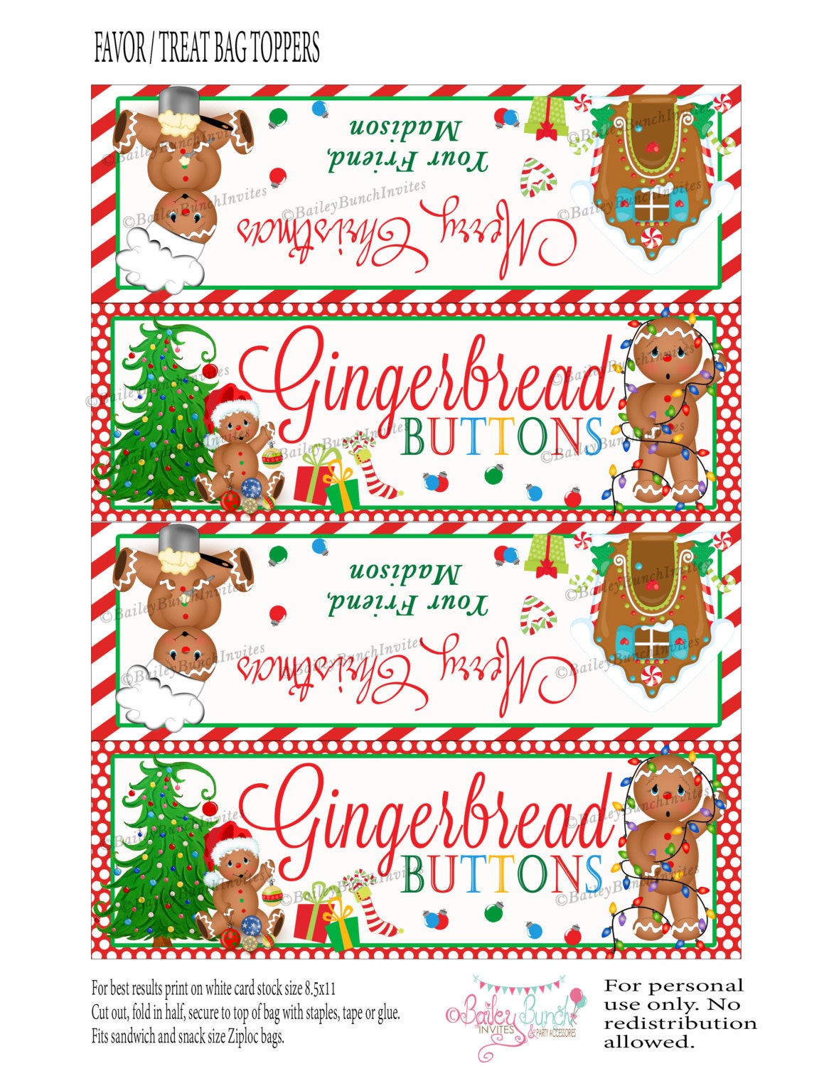 Christmas Gingerbread Buttons Treat Bag Toppers, Gingerbreadman ...