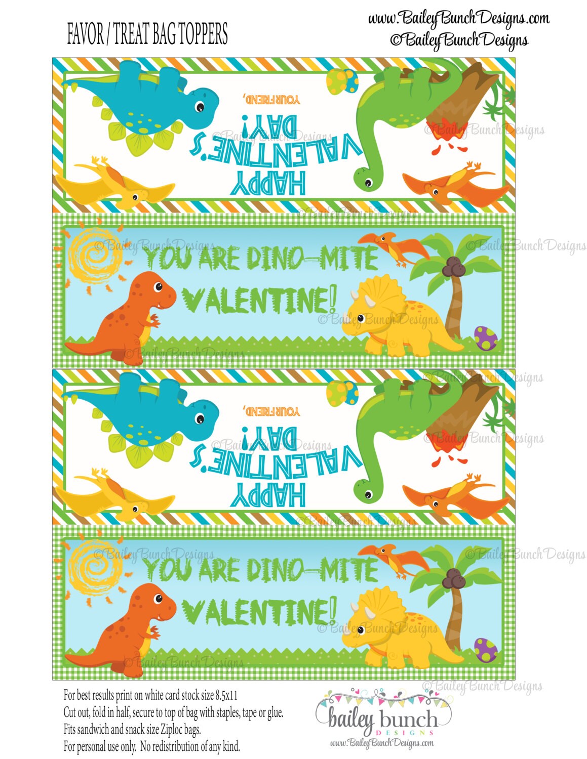 Dino Valentine Treat Bag Toppers, Valentine Favors, Valentine's Day ...