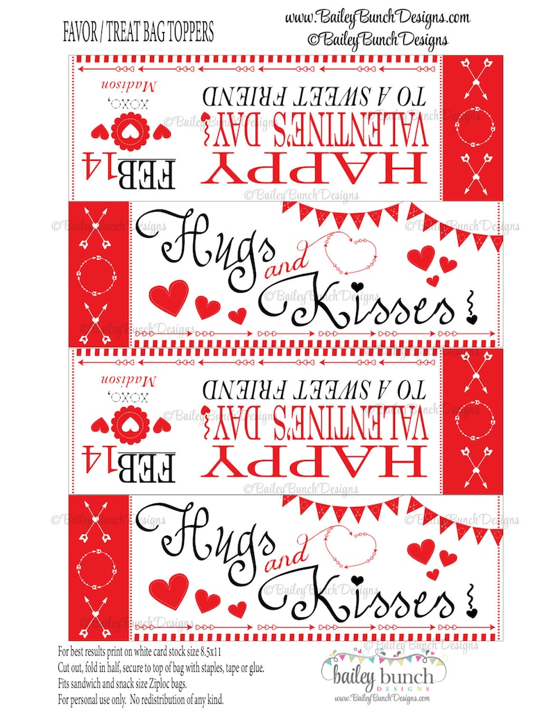 Hugs & Kisses Valentine Treat Bag Toppers, Valentine Favors, Valentine ...