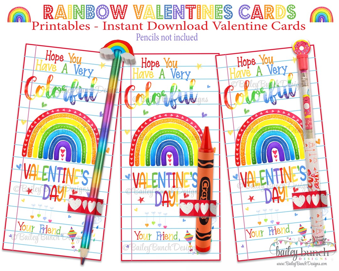 Rainbow Valentines Gift Tags Colorful Valentine's Tags Teacher Pencil ...