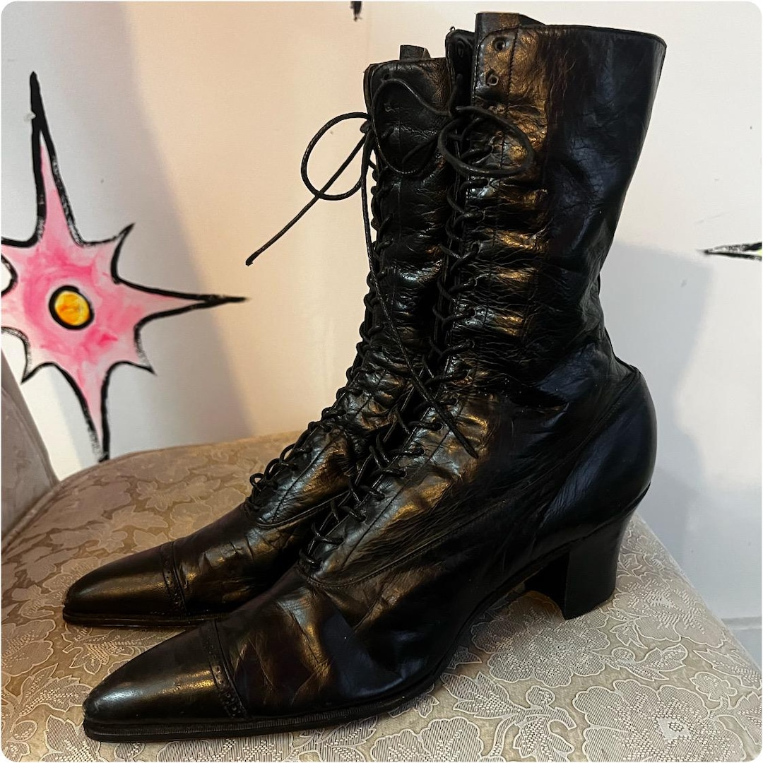 Antique Leather Victorian Boots | Shiny Black Pointy Witchy Lace up ...