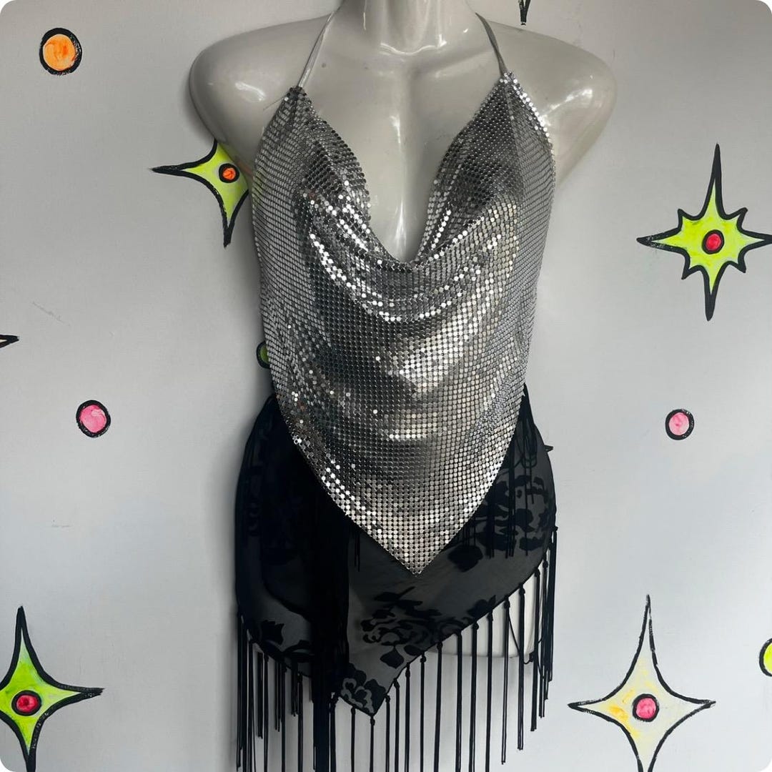 Y2K 2000s Silver Metallic Disco Mesh Chainmail Backless Halter Top One ...