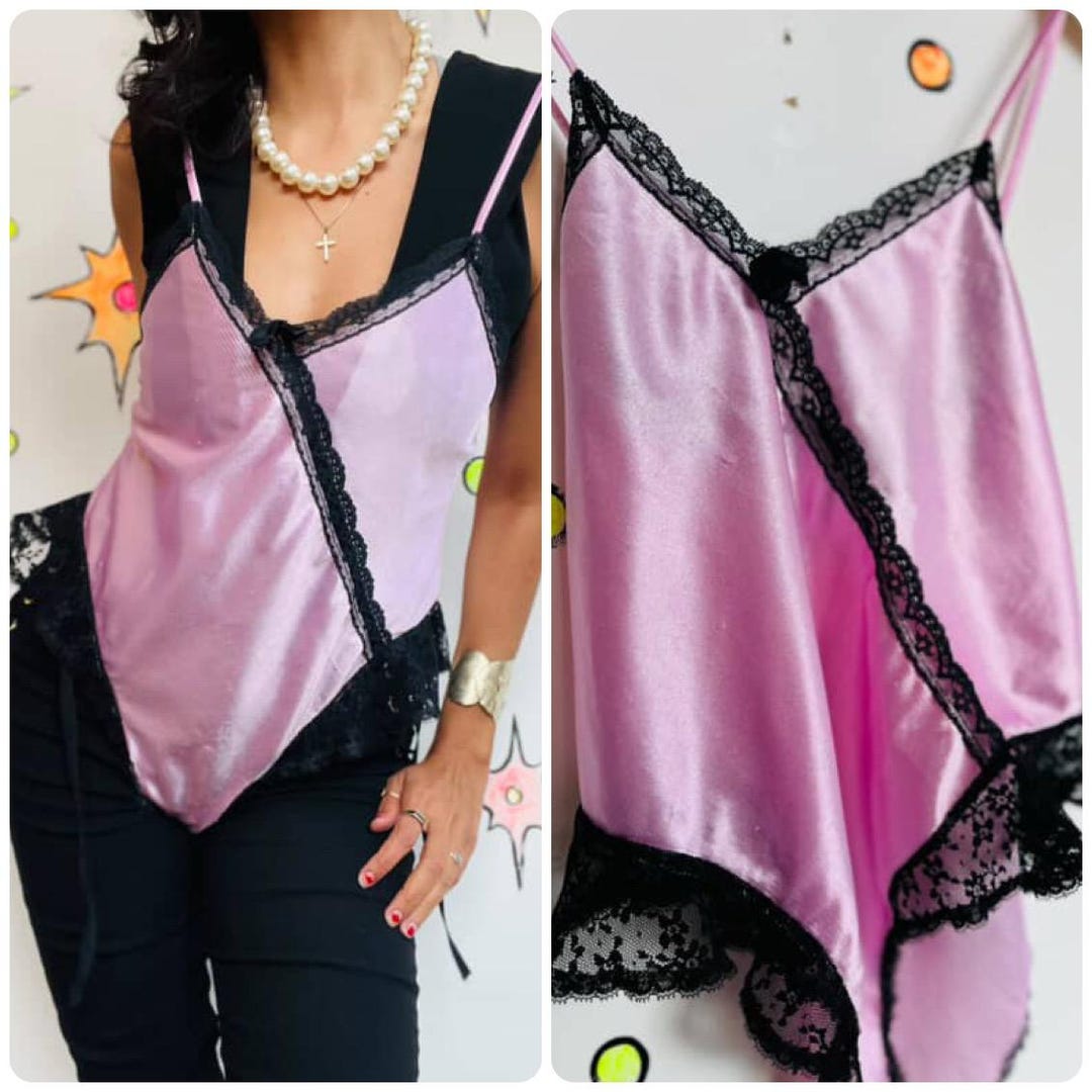 Vintage 80s Vamp Pink Satin & Black Lace Teddy Coquette Fairy Grunge ...
