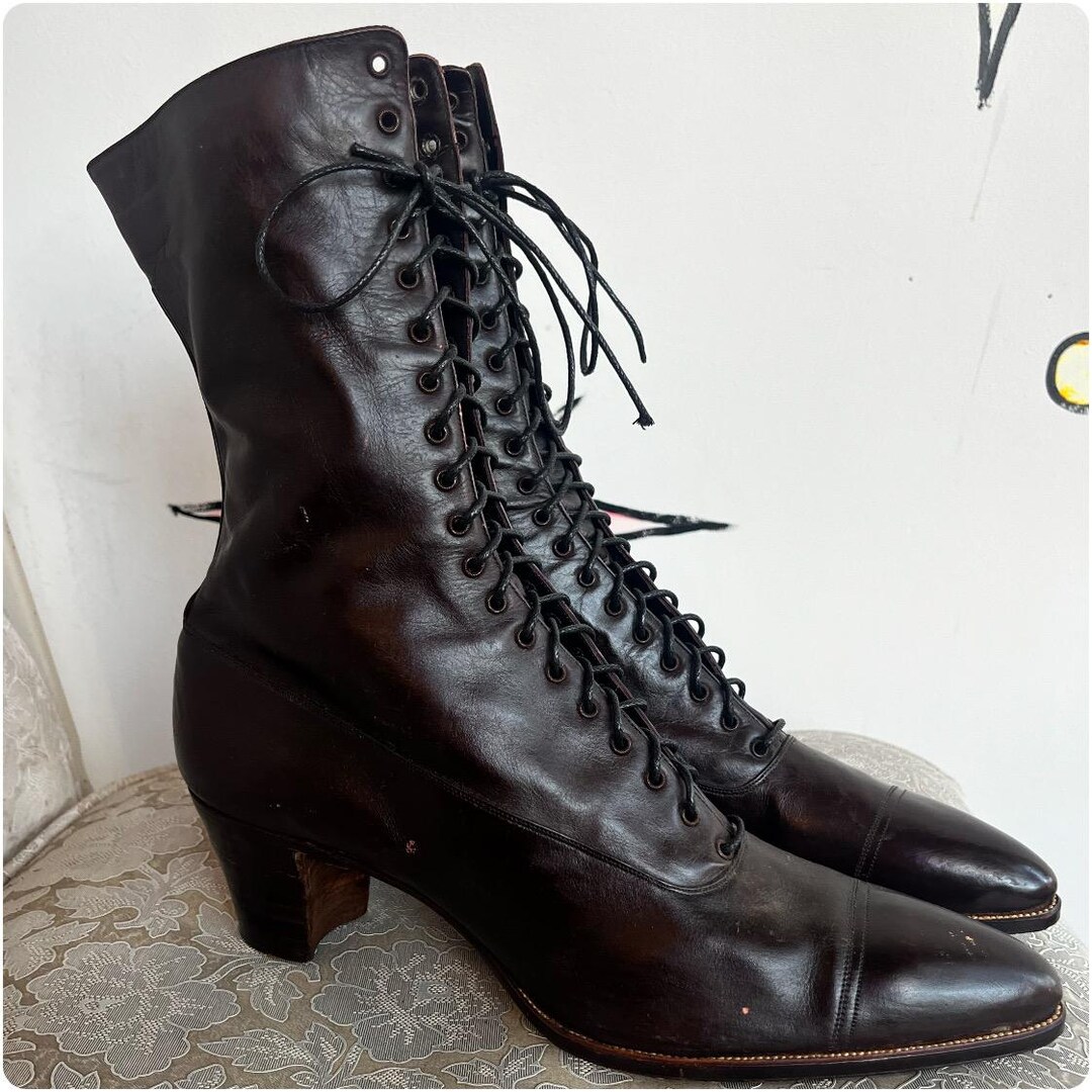 Antique Leather Victorian Boots Shiny Brown Pointy Lace up Boots Size 7 ...