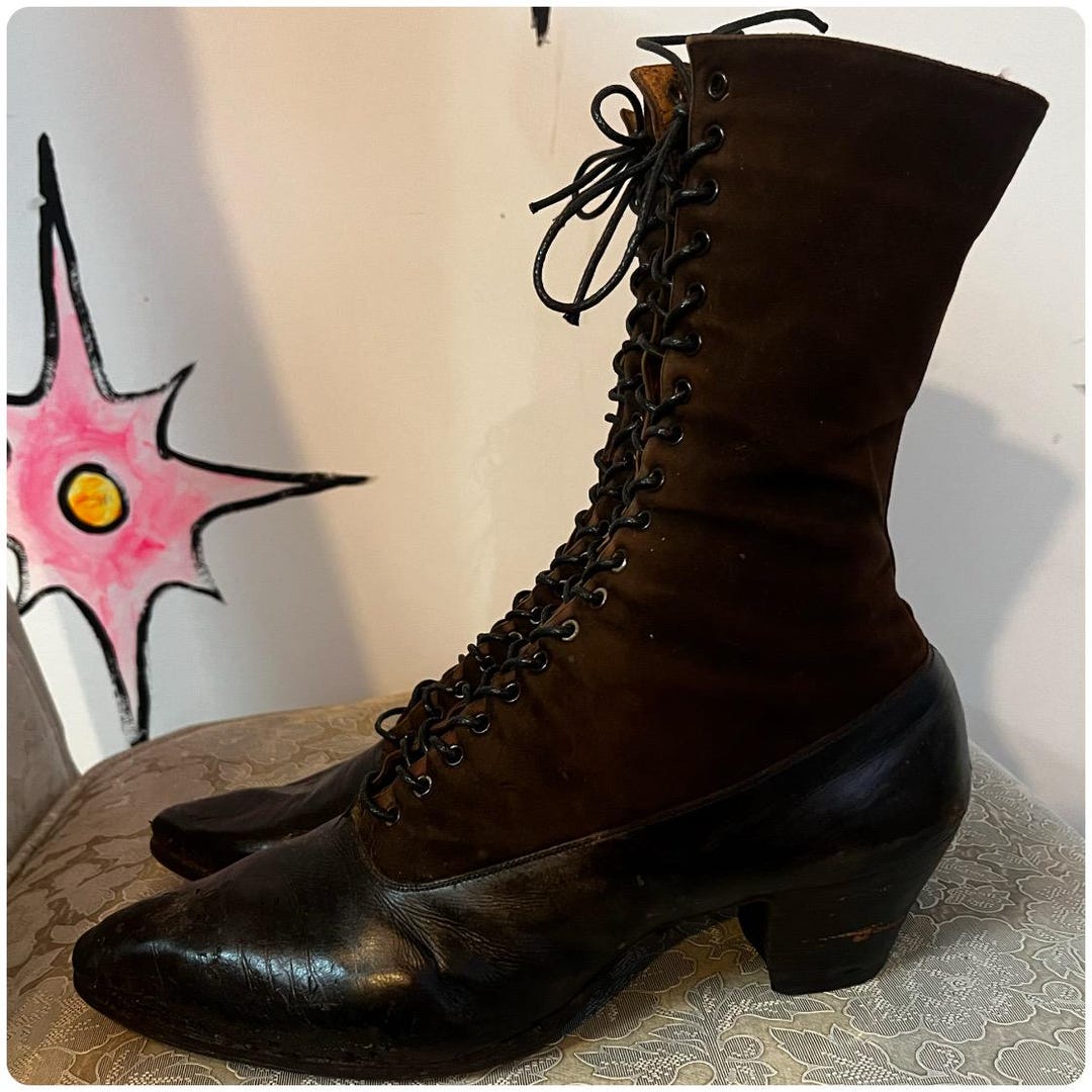 Antique Leather Victorian Boots | Brown & Black Pointy Lace up Witchy ...