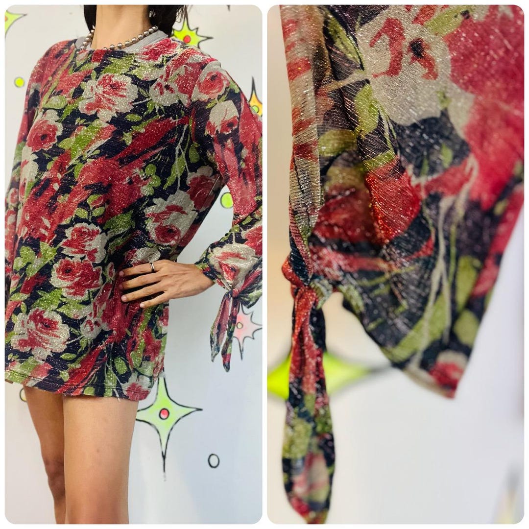 Vintage 70s-style Sparkle Disco Party Blouse – Metallic Floral Glitter ...